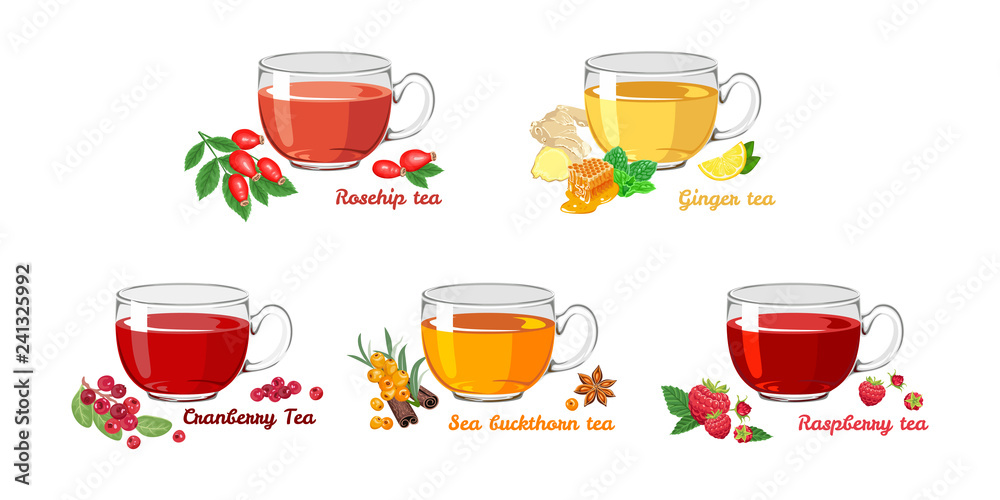 Set of fruit teas in glass cups isolated on white background. Cranberry ...