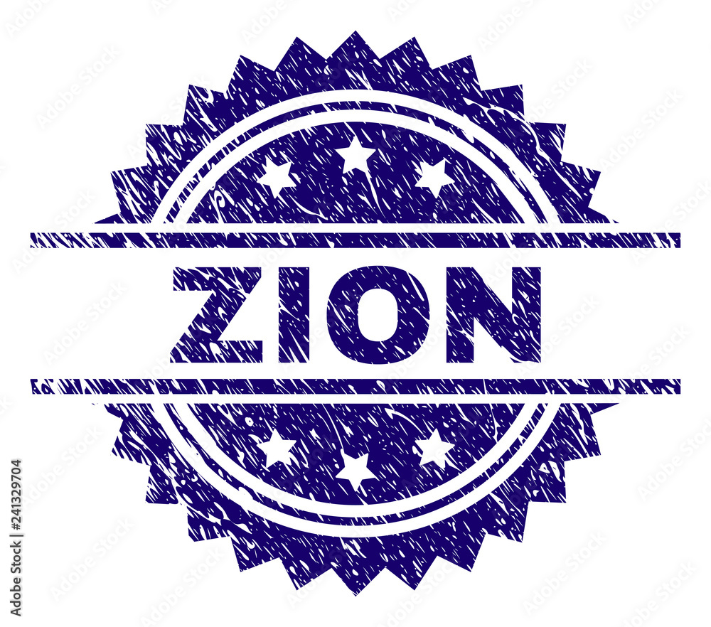 ZION stamp seal watermark with distress style. Blue vector rubber print ...