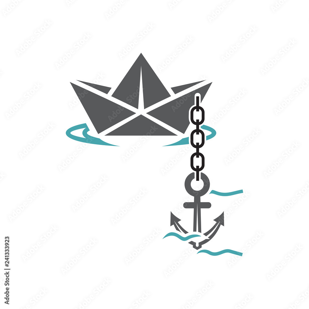 Vector illustration of the ship, anchor on a chain and sea waves. Set ...