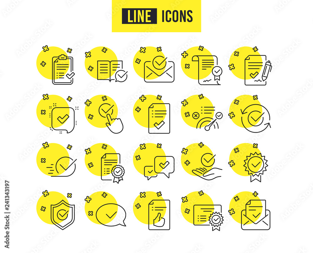 Approve line icons. Set of Check List, Certificate and Award medal ...