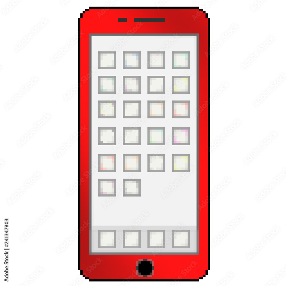 Pixel 8 bit drawn multicolored cell phone with blank app thumbnails ...