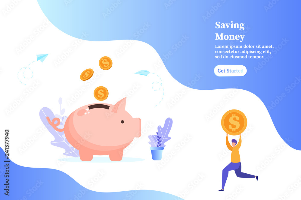 Piggybank with falling gold coins, man holding a coin, concept of ...