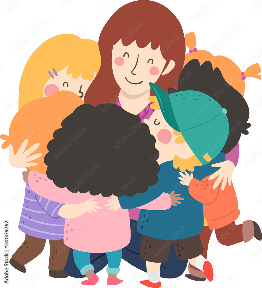 Kids Teacher Group Hug Illustration Stock Vector | Adobe Stock