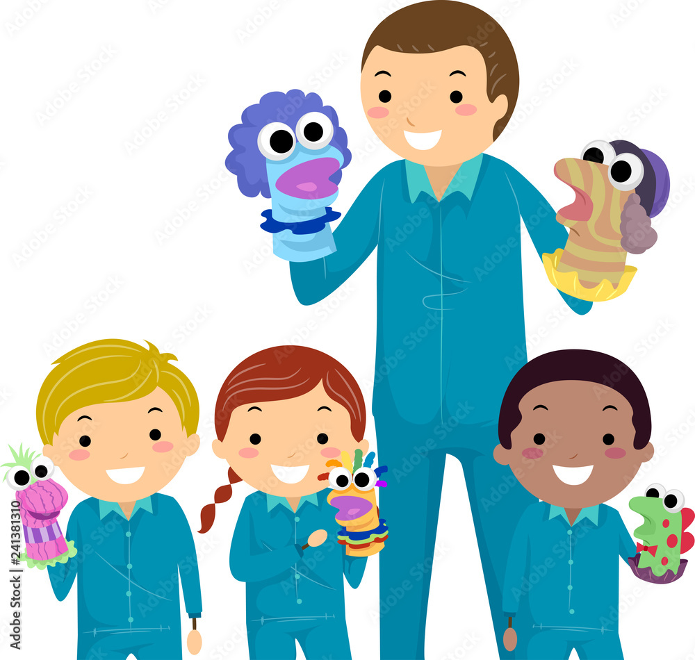 Stickman Kids Puppets Teacher Illustration Stock Vector | Adobe Stock