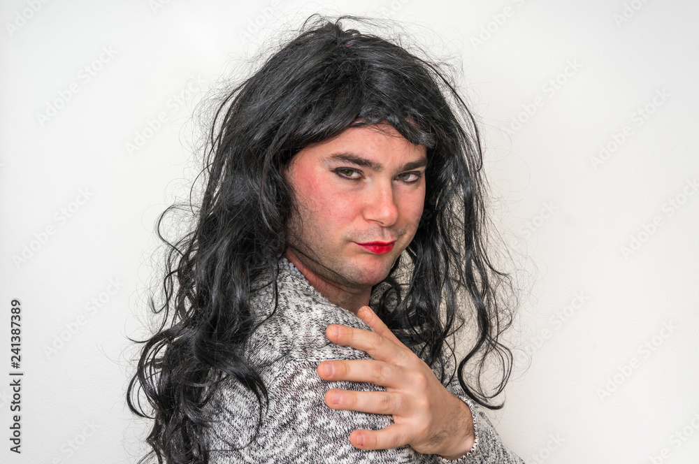 Man wearing wig and lipstick Stock Photo | Adobe Stock