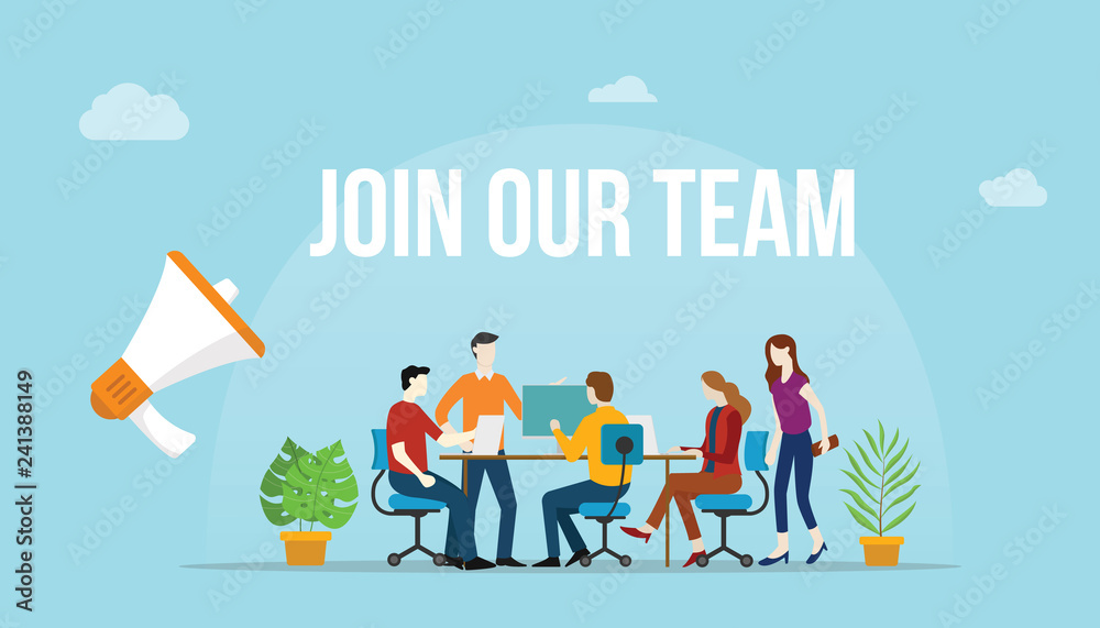 join our team concept with team people working together on the desk ...