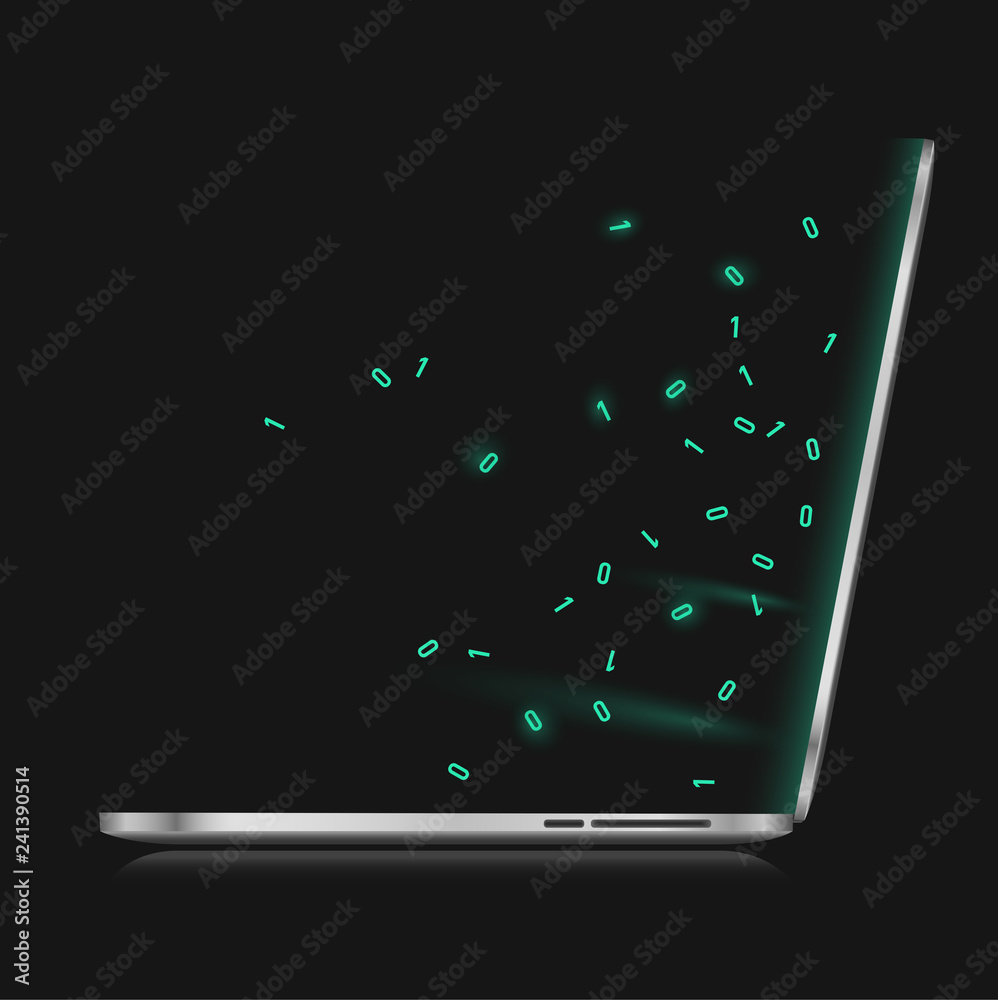Vector laptop with flowing binary code from the screen on transparent ...