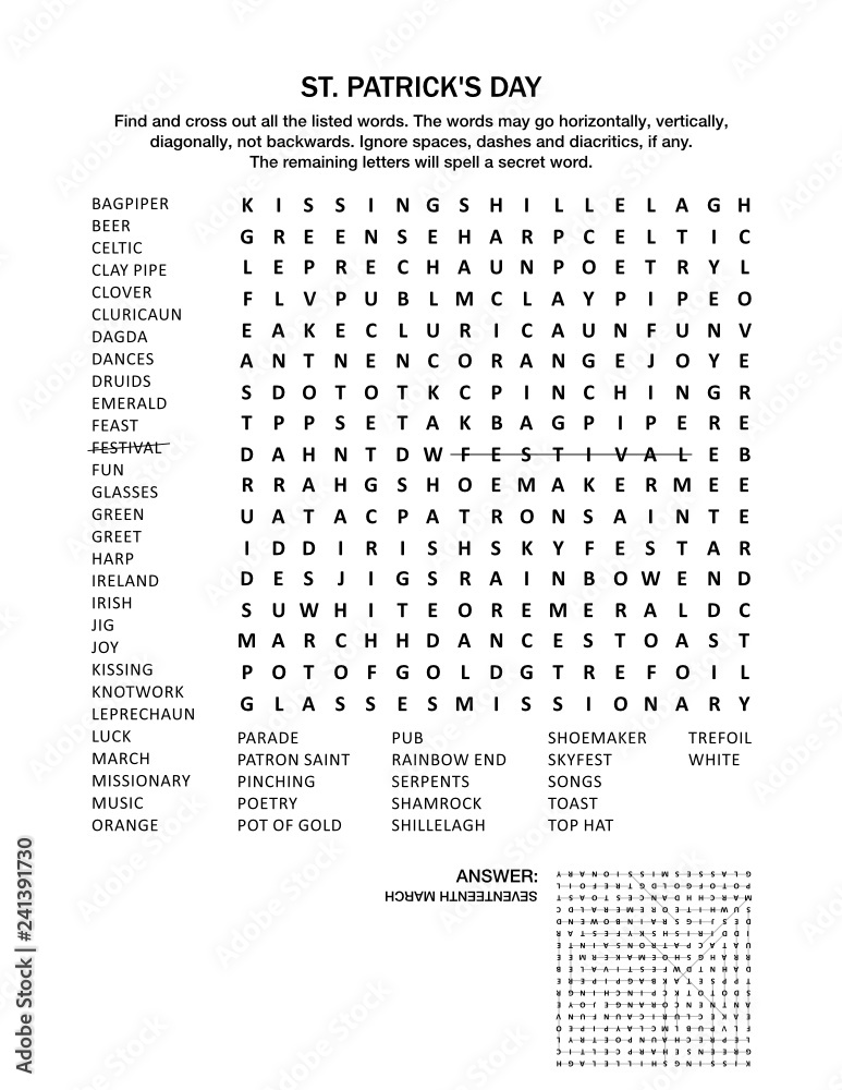 St. Patrick's Day holiday themed word search puzzle (English language ...