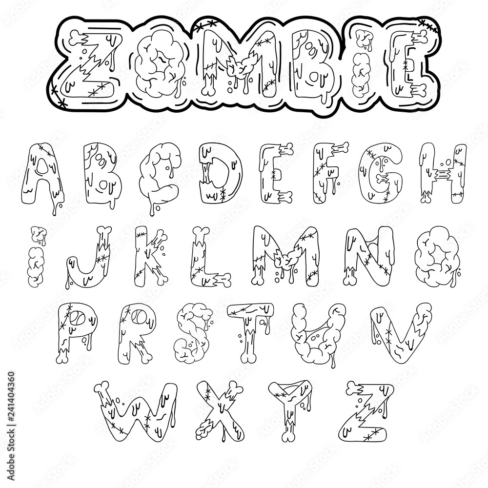 Zombie font. Cartoon green vector letters with brains and bones ...