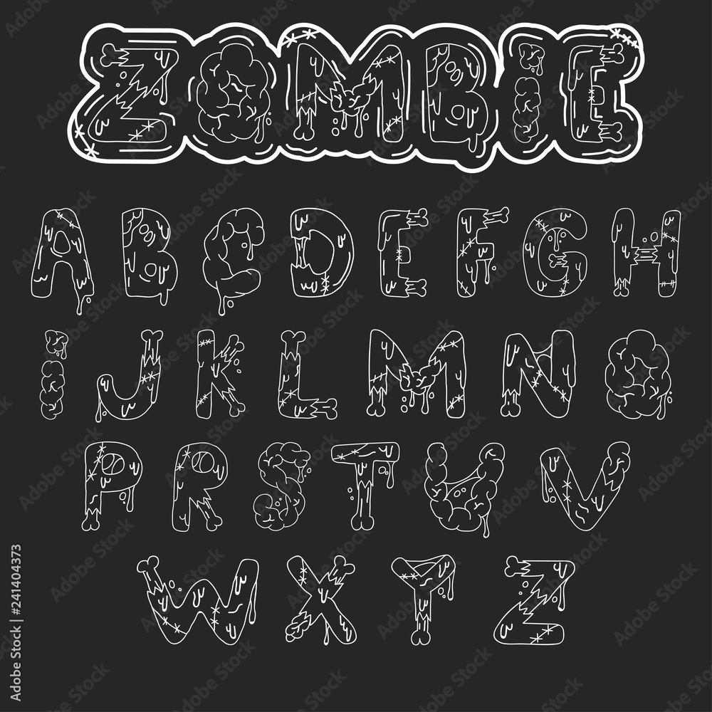 Zombie font. Cartoon green vector letters with brains and bones ...