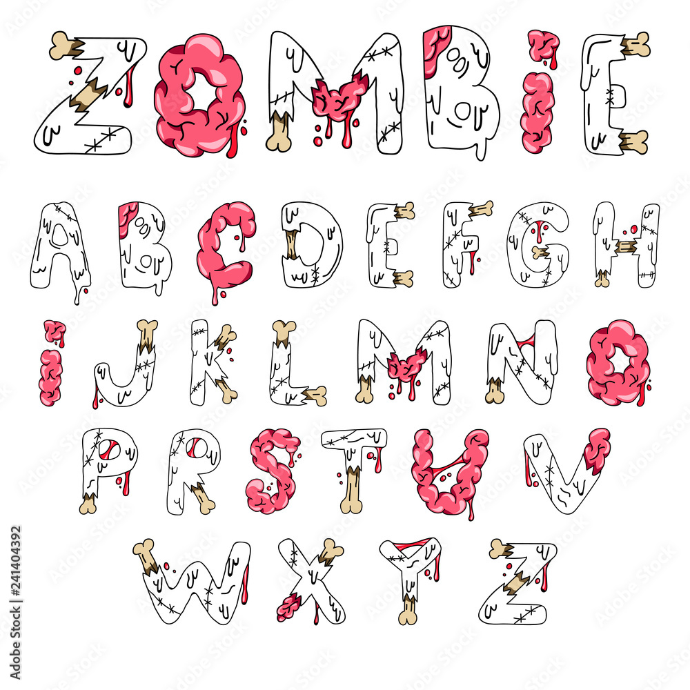 Zombie font. Cartoon green vector letters with brains and bones ...