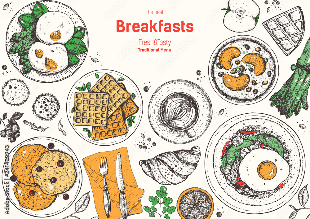 Breakfasts top view frame. Morning food menu design. Breakfast and ...