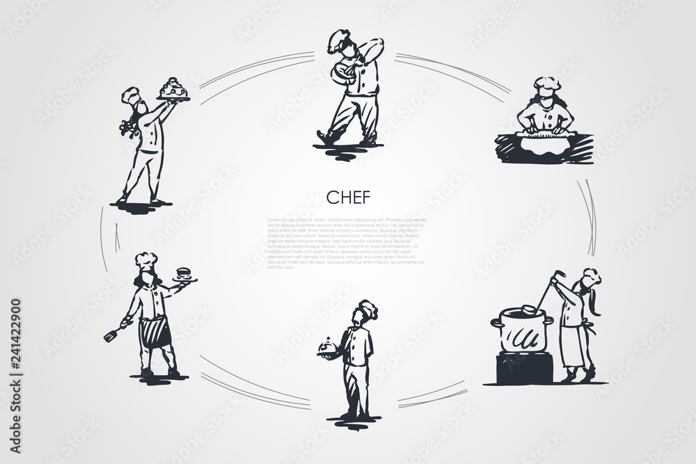 Chef - men and women in special uniform cooking, serving and presenting ...