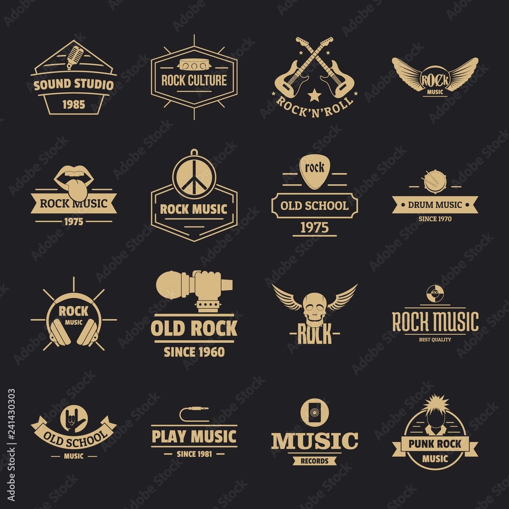 Rock music logo icons set. Simple illustration of 16 rock music logo ...