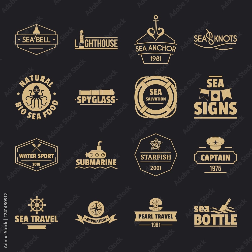 Nautical sea logo icons set. Simple illustration of 16 nautical sea ...