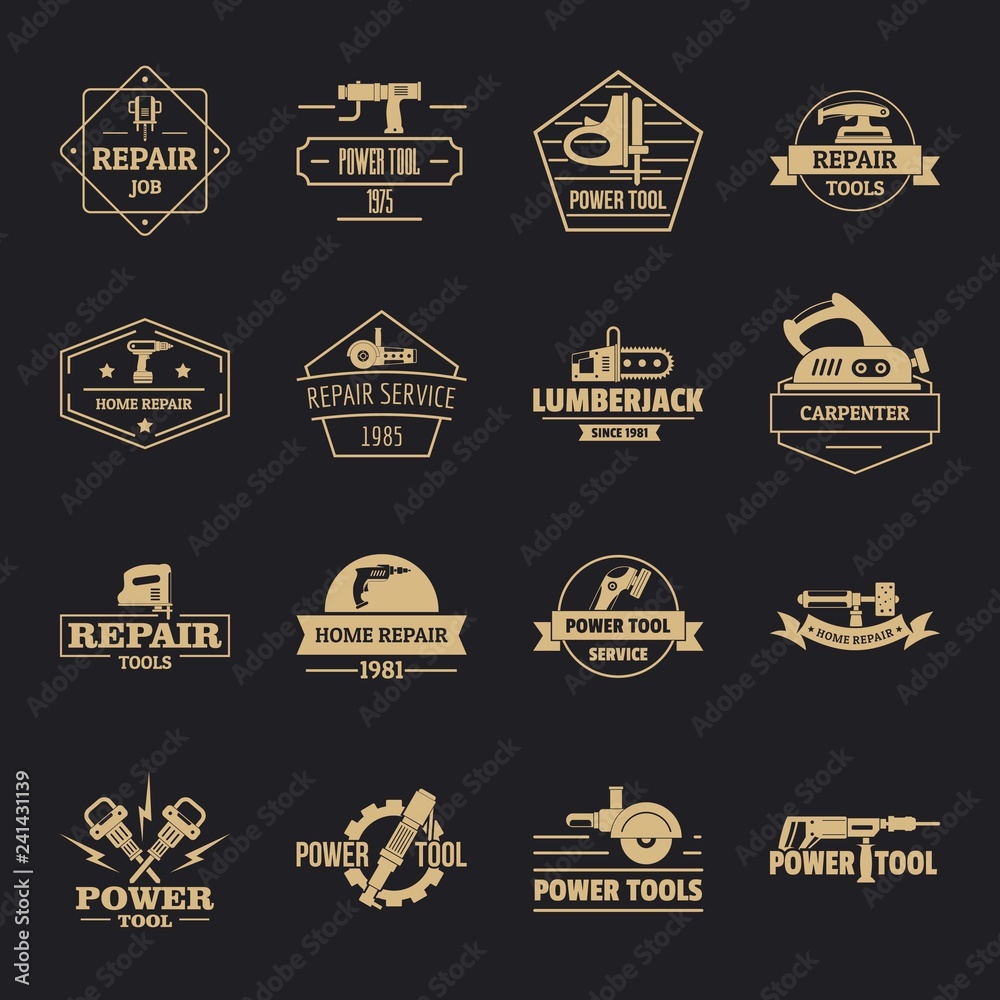 Electric tools logo icons set. Simple illustration of 16 electric tools ...