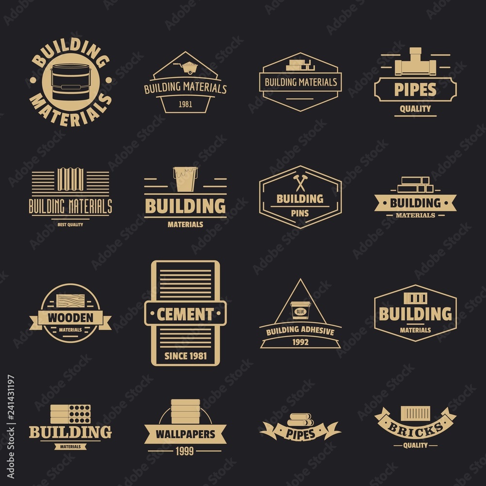 Building materials logo icons set. Simple illustration of 16 building ...