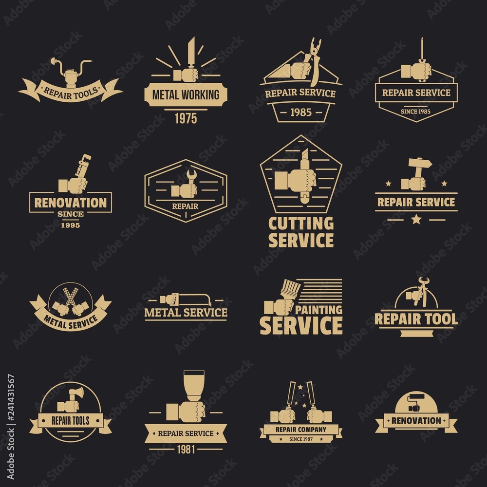Hand tool logo icons set. Simple illustration of 16 hand tool logo ...