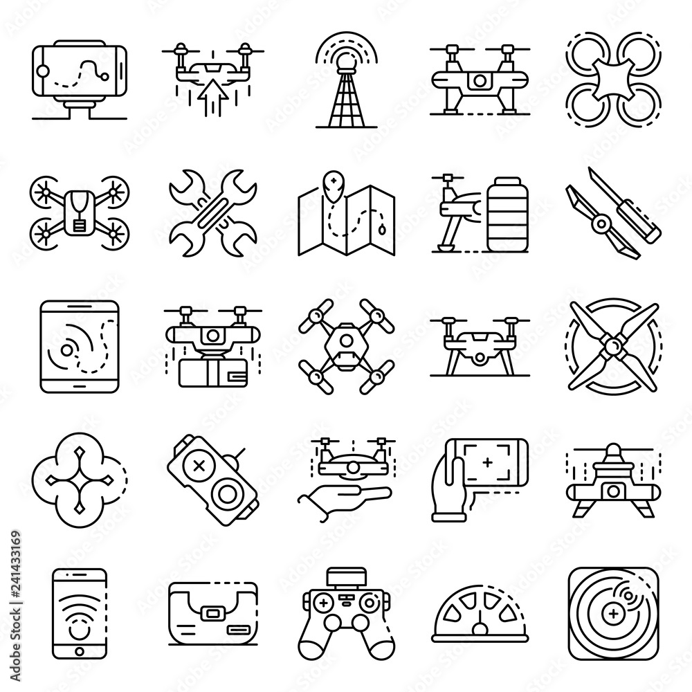 Drone icon set. Outline set of drone vector icons for web design ...