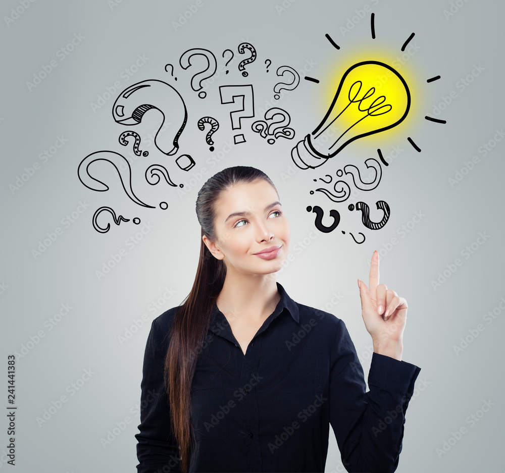 Girl ideas. Smart woman student with yellow lightbulb. Brainstorm ...