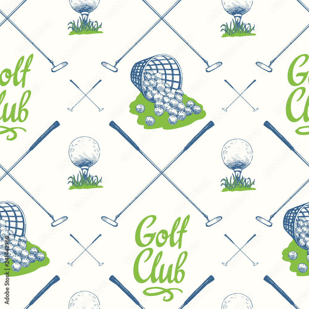 Seamless golf pattern with busket and ball. Vector set of hand-drawn ...