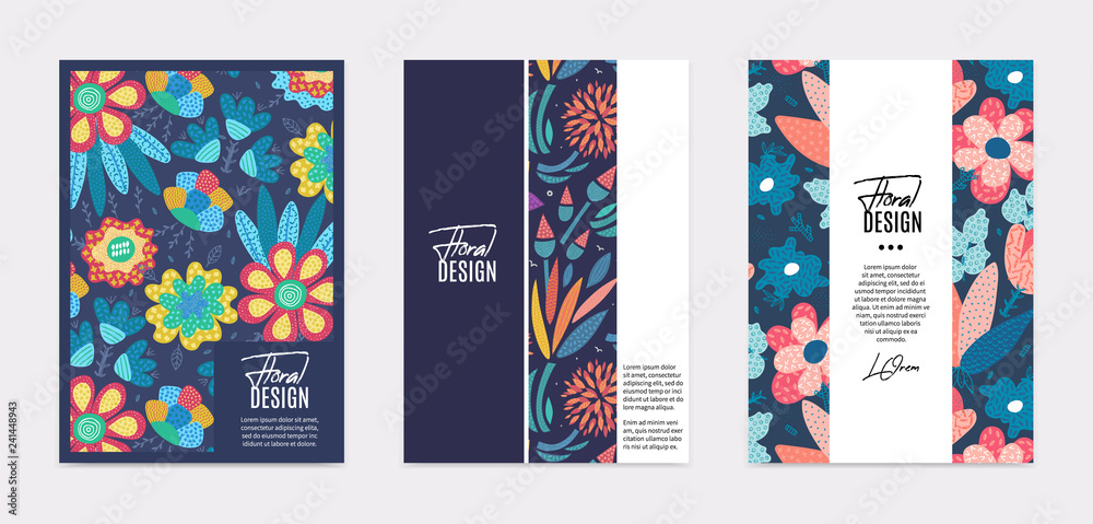 Set of vector templates. Hand drawn abstract flowers with different ...