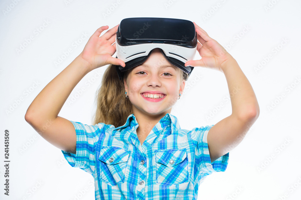 Get virtual experience. Girl cute child with head mounted display on ...