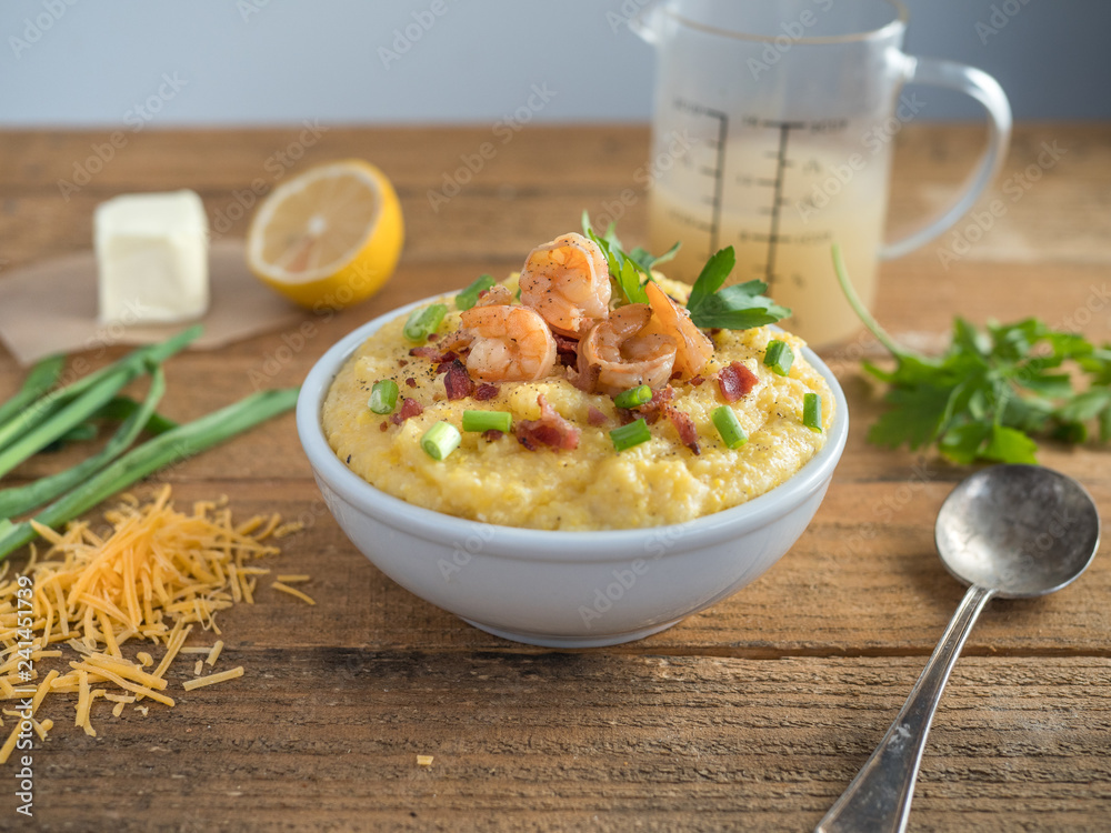 Shrimp and grits comfort food. A traditional southern meal of corn ...