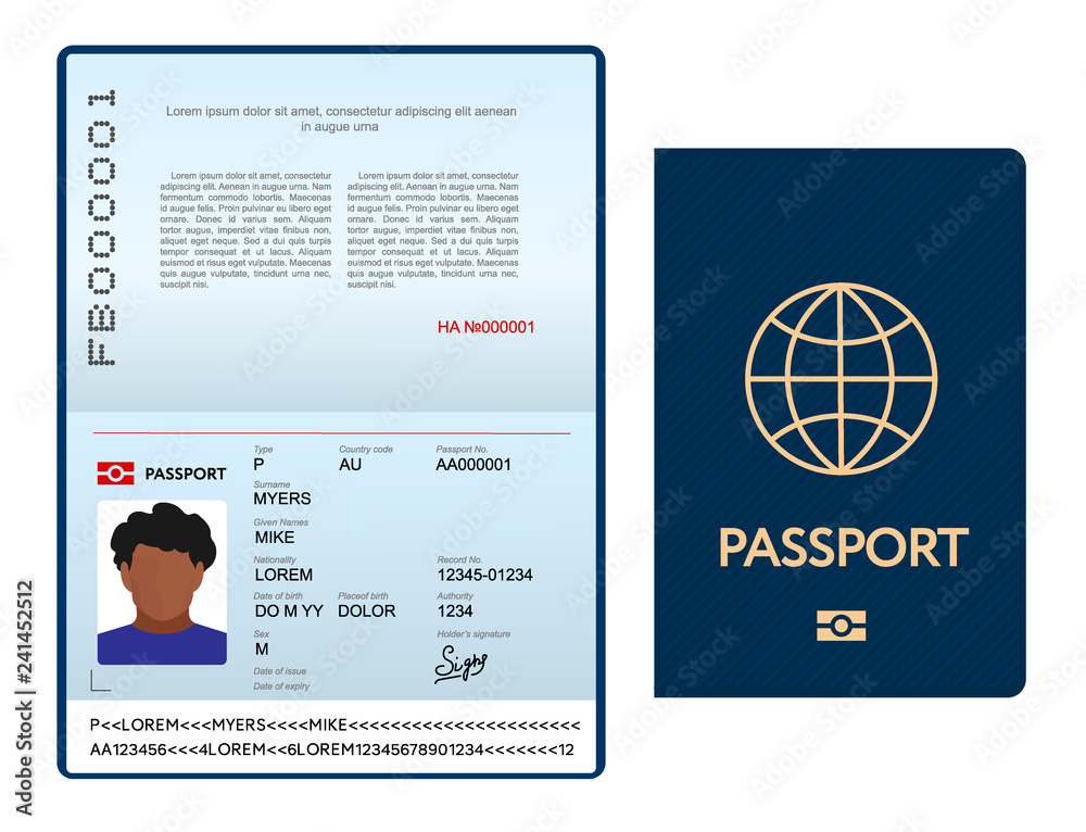 Opened international passport template with blue cover, personal data ...
