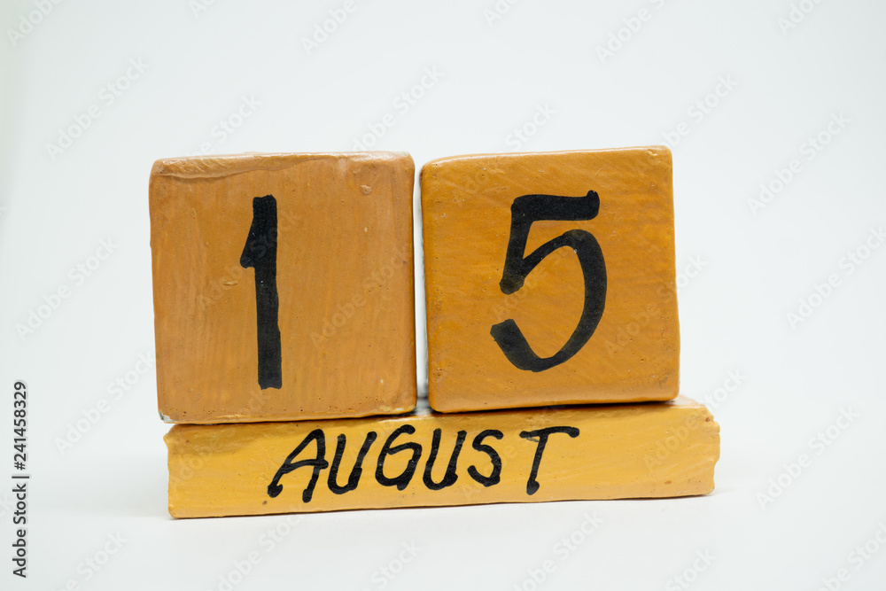 august 15th. Day 15 of month, handmade wood calendar isolated on white ...