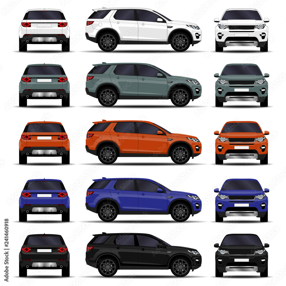 realistic SUV car. Cars set. front view; side view; back view. Stock ...