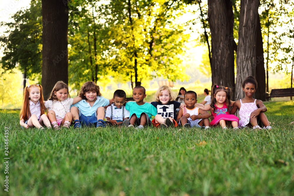 many young children of different races play together in the Park on the ...