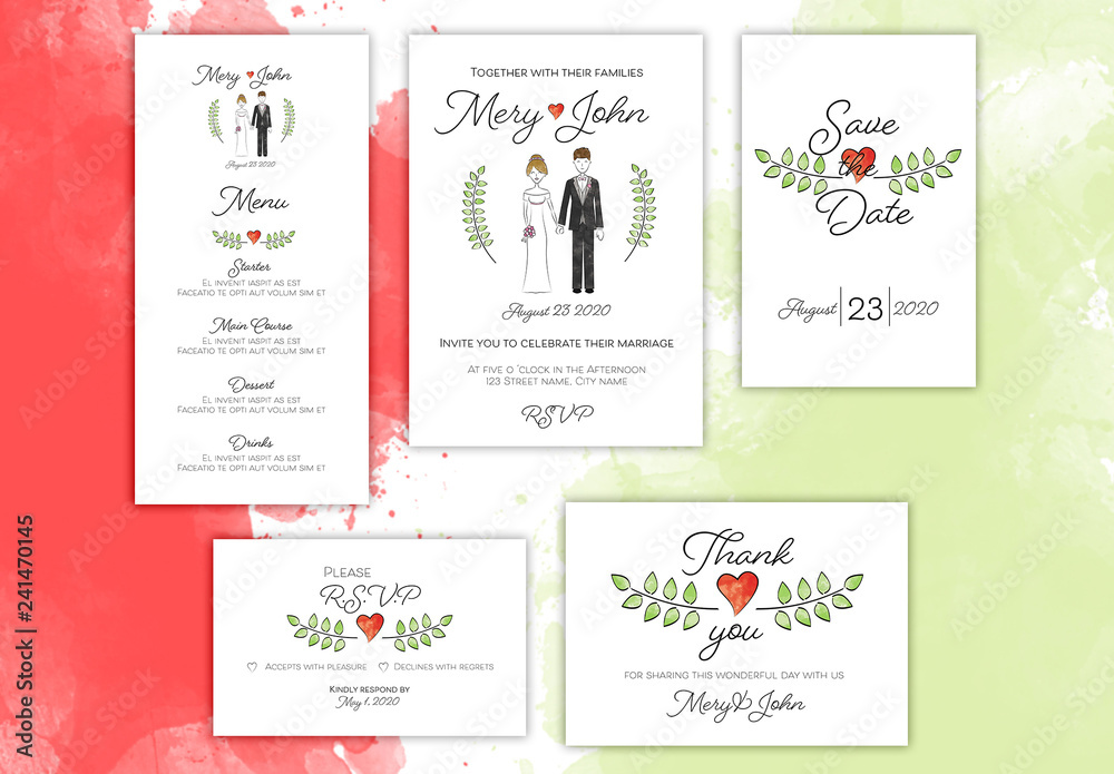 Wedding Invitation Layout Set with Couple Illustration Stock Template ...