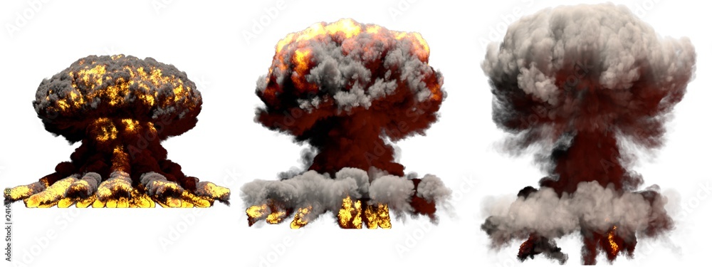3D illustration of explosion - 3 large different phases fire mushroom ...