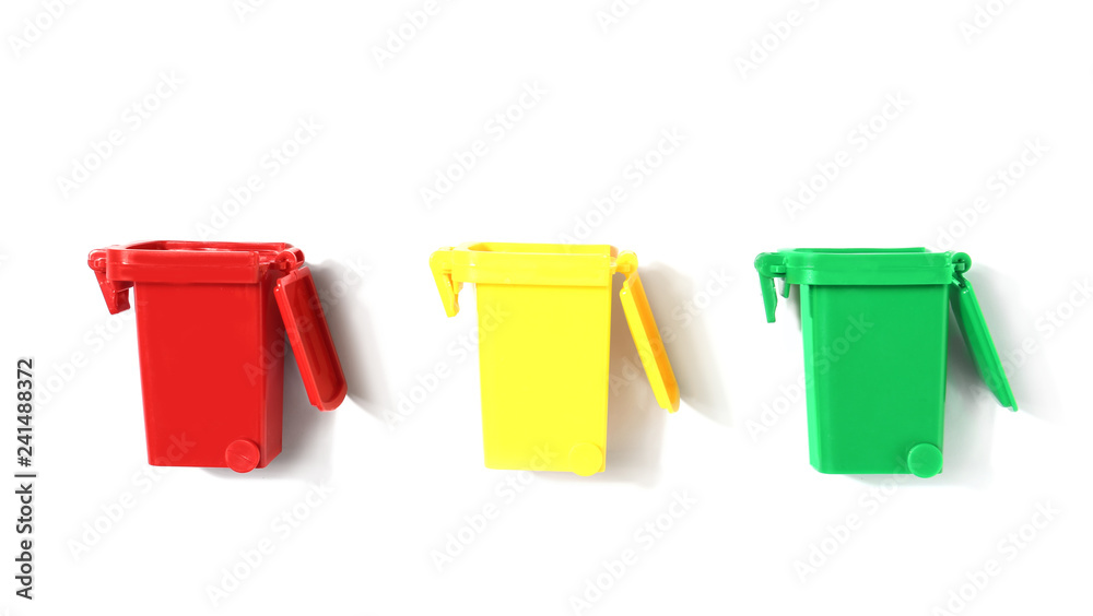 Trash bins isolated on white, top view. Waste recycling concept Stock ...