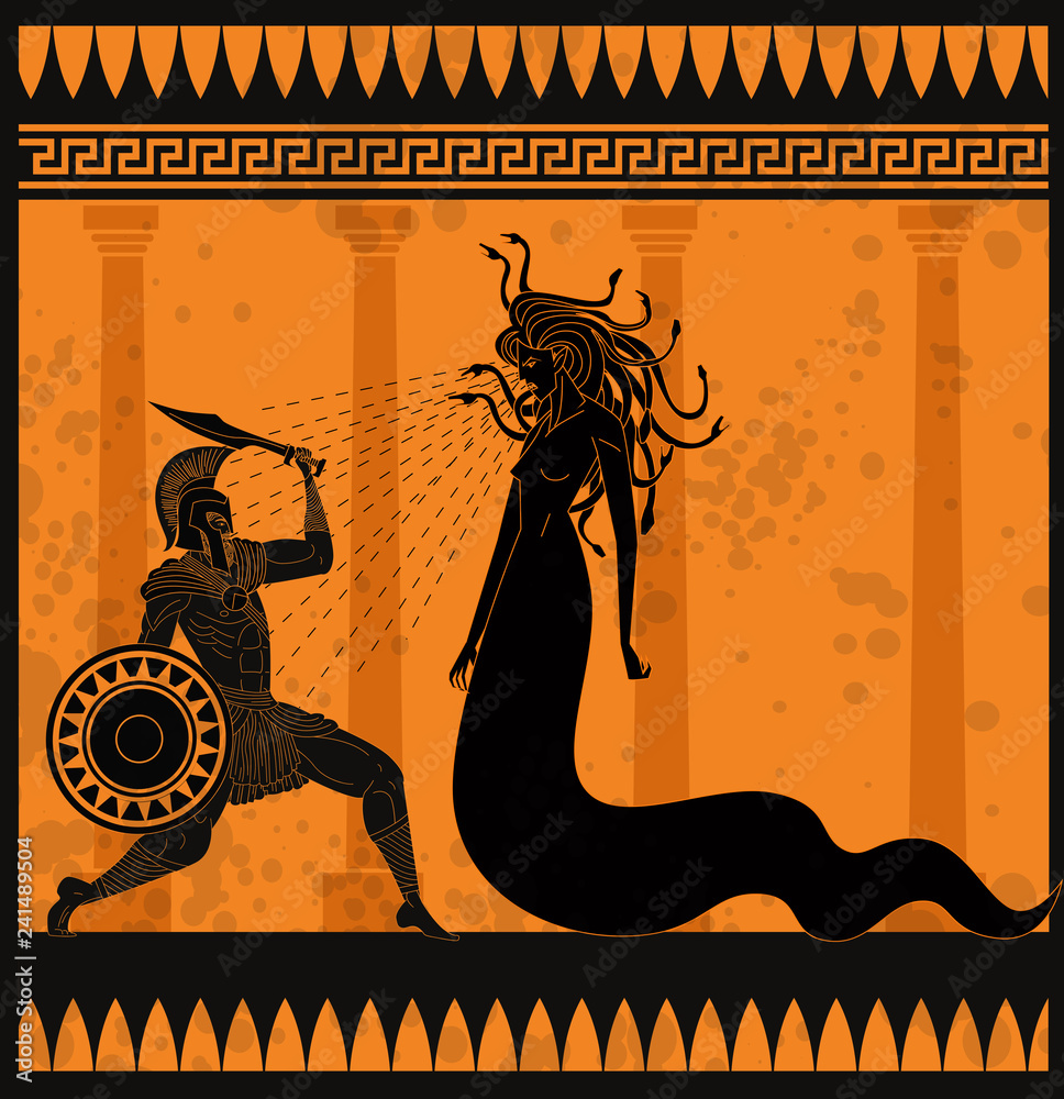 orange and black pottery painting of perseus fighting the medusa Stock ...