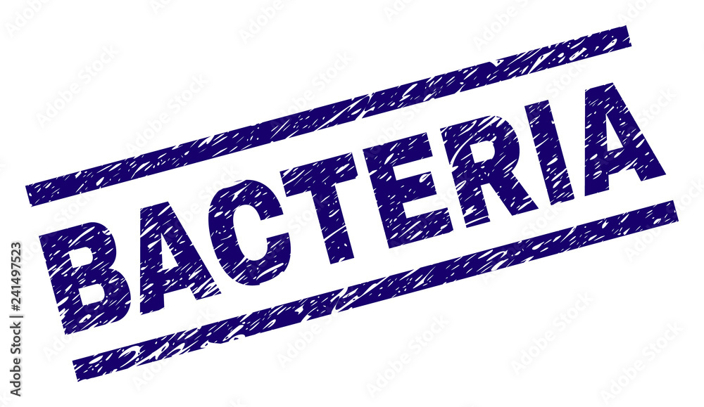 BACTERIA seal print with scratced style. Blue vector rubber print of ...
