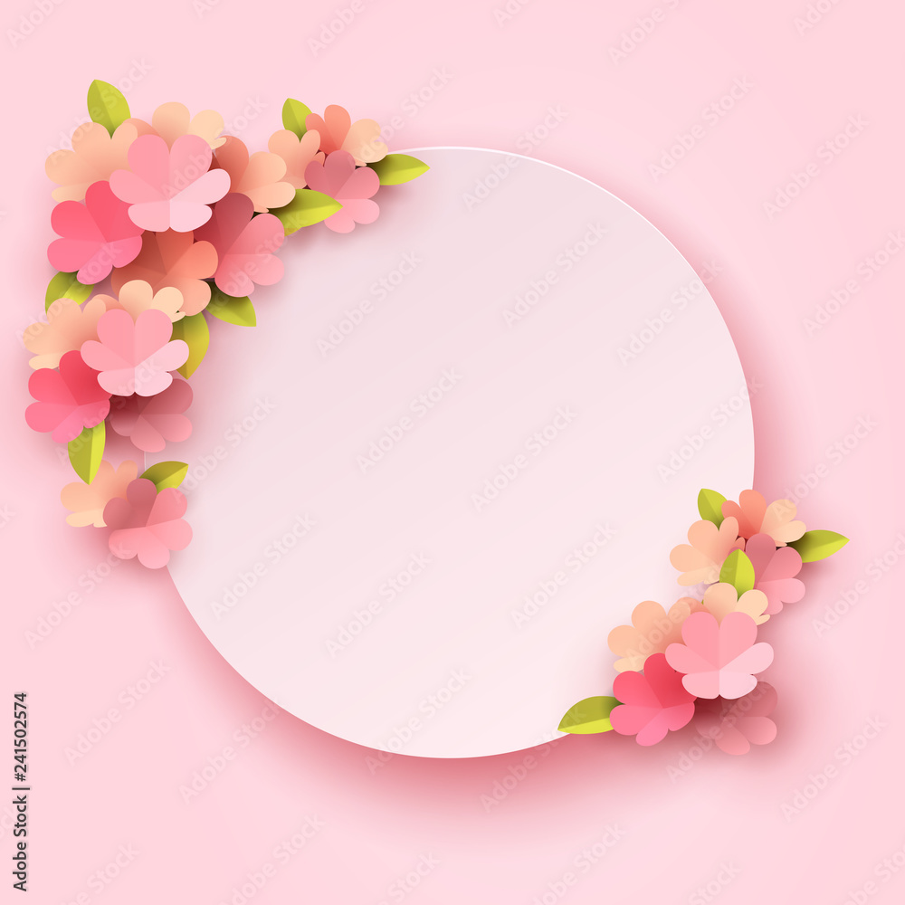Paper art of pink flower template on pink background with copy space ...