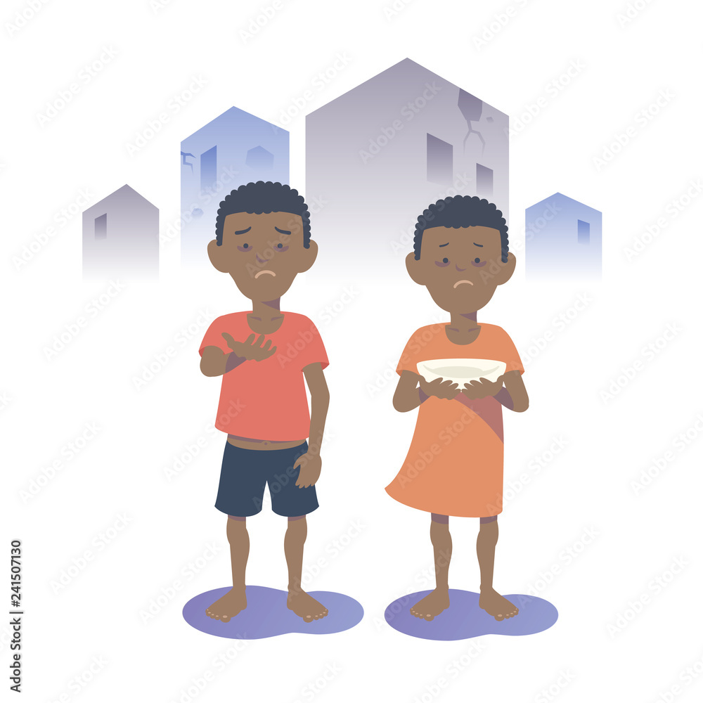 Vetor de Begging Black boy and girl. Flat vector illustration. do Stock ...