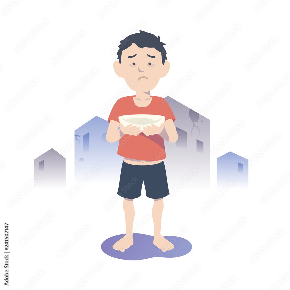 Starving Asian child. Flat vector illustration. Stock Vector | Adobe Stock
