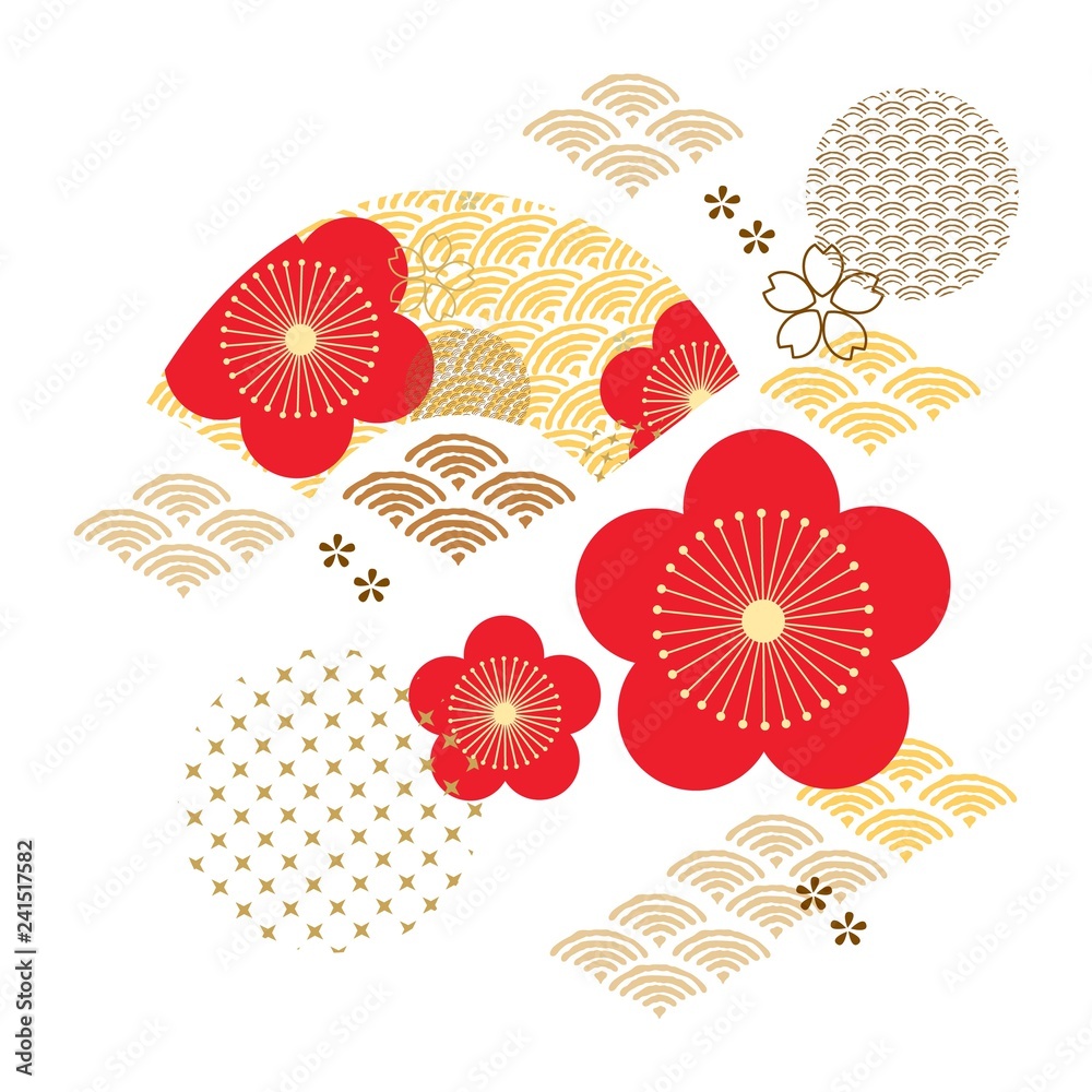 Cherry blossom with Japanese pattern vector. Red flower with wave ...