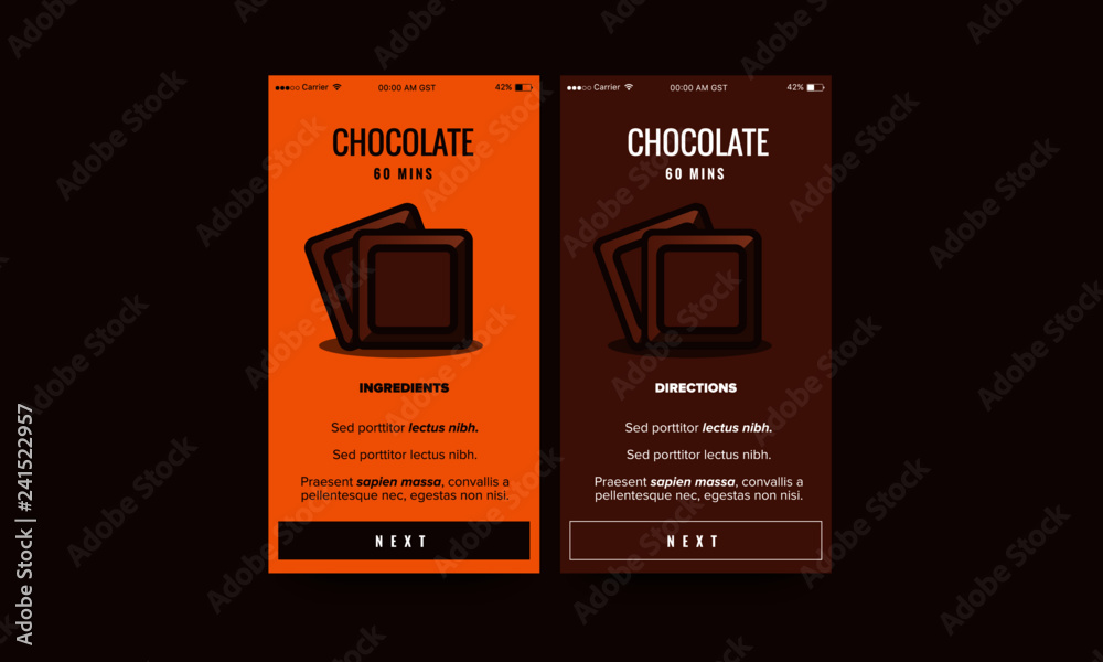 Recipe App Design for Smart Phones with Cube of Chocolate Bar Vector ...