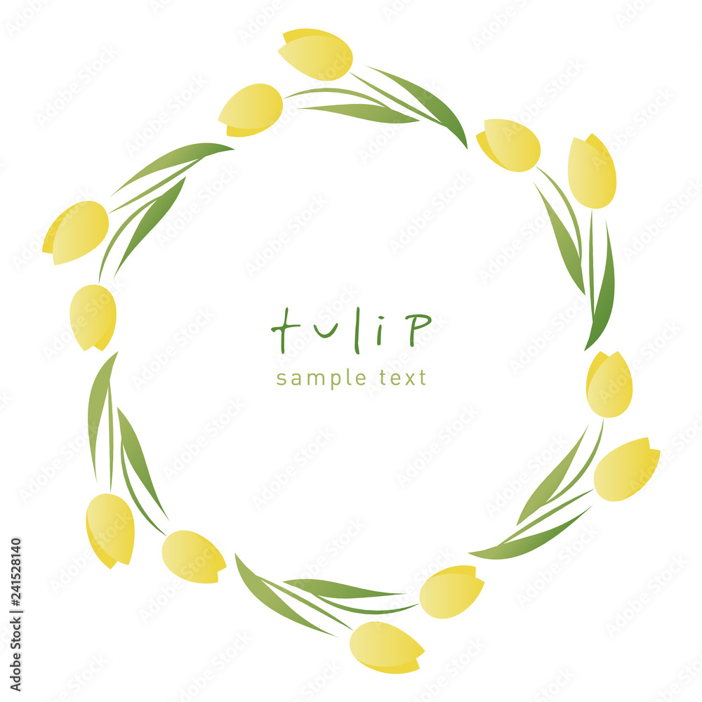 Wreath of tulip flowers and leaves forming a decorative circular frame ...