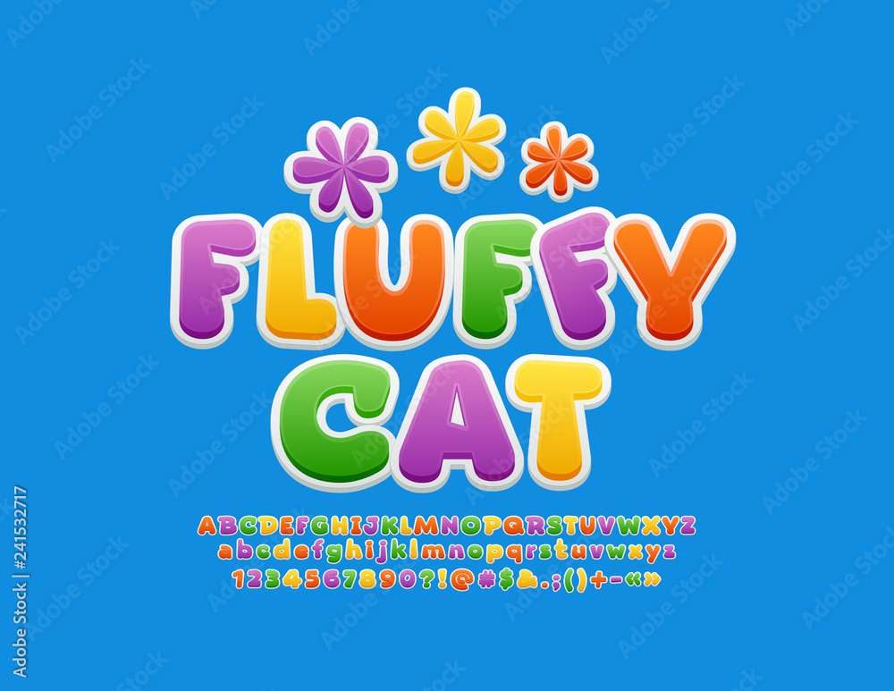Vector colorful logo Fluffy Cat with cute flowers. Bright sticker style ...