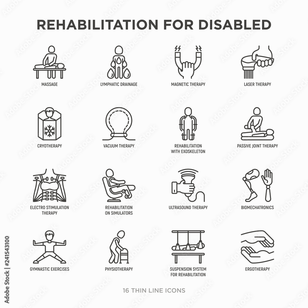 Rehabilitation for disabled thin line icons set: magnetic therapy ...
