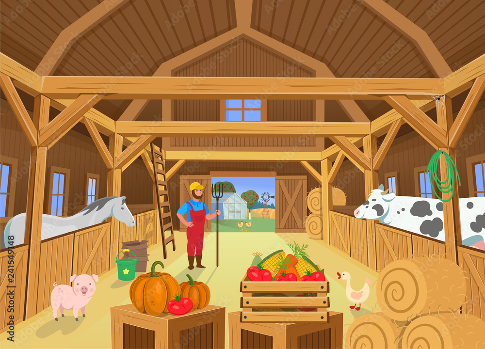 A barn with animals and farmer, view inside. Vector illustration in ...