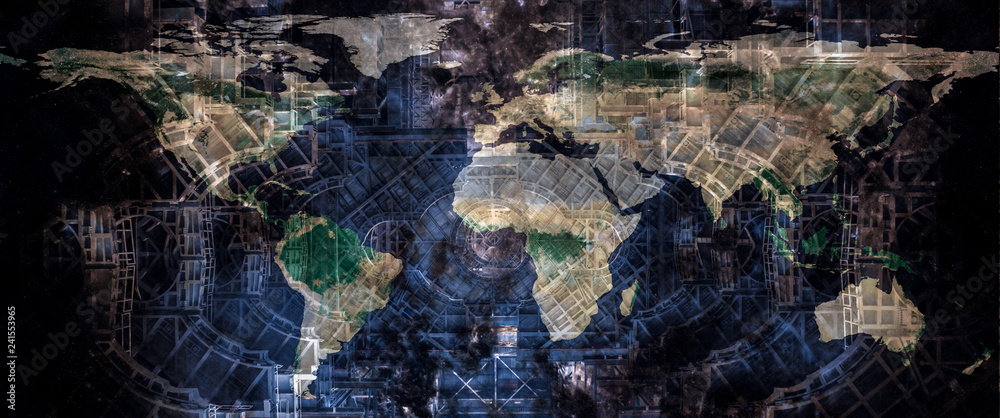 Techno world concept. World map on the abstract futuristic construction ...