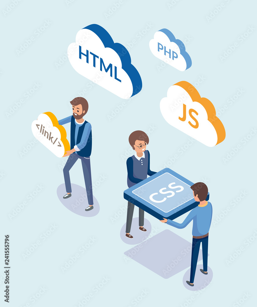 Web Development, People with Coding Languages Stock Vector | Adobe Stock