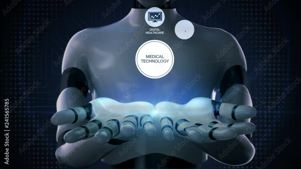 Robot, cyborg opens two palms, 'MEDICAL TECHNOLOGY' and various future ...