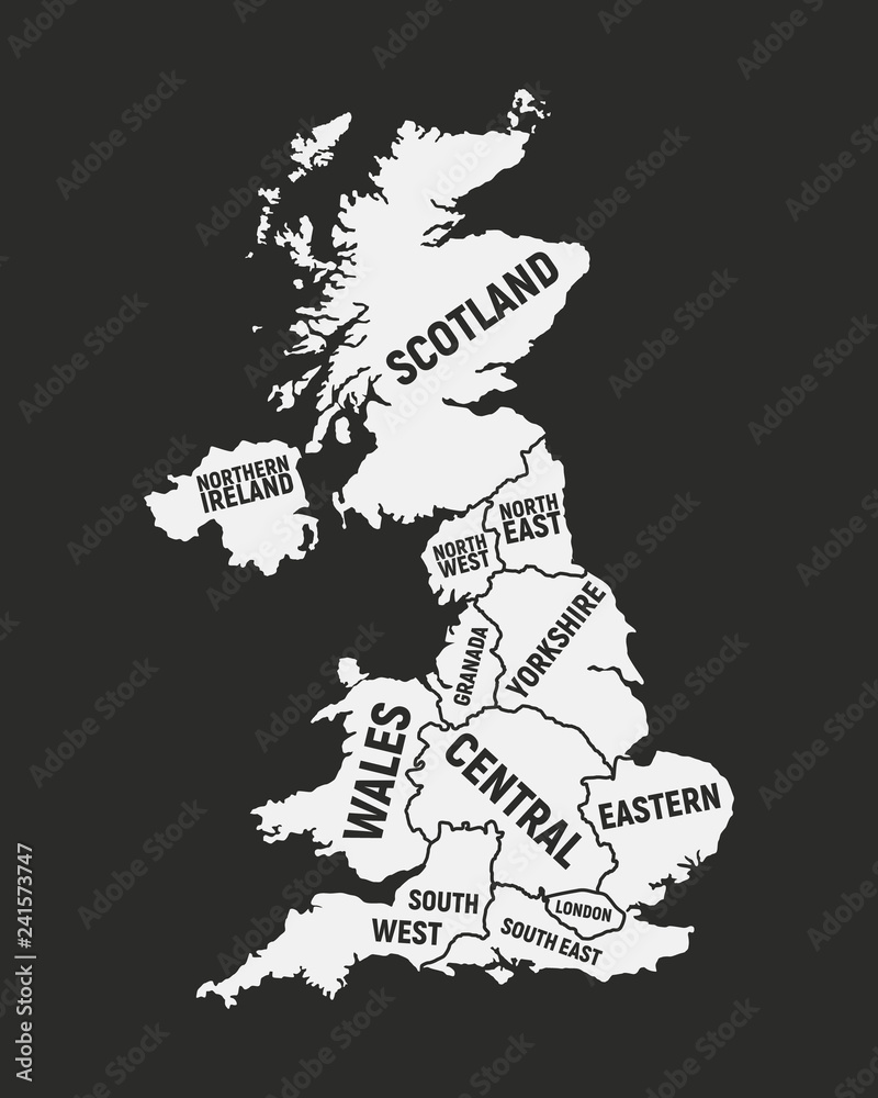 Poster map of United Kingdom map. UK with country and regions names ...